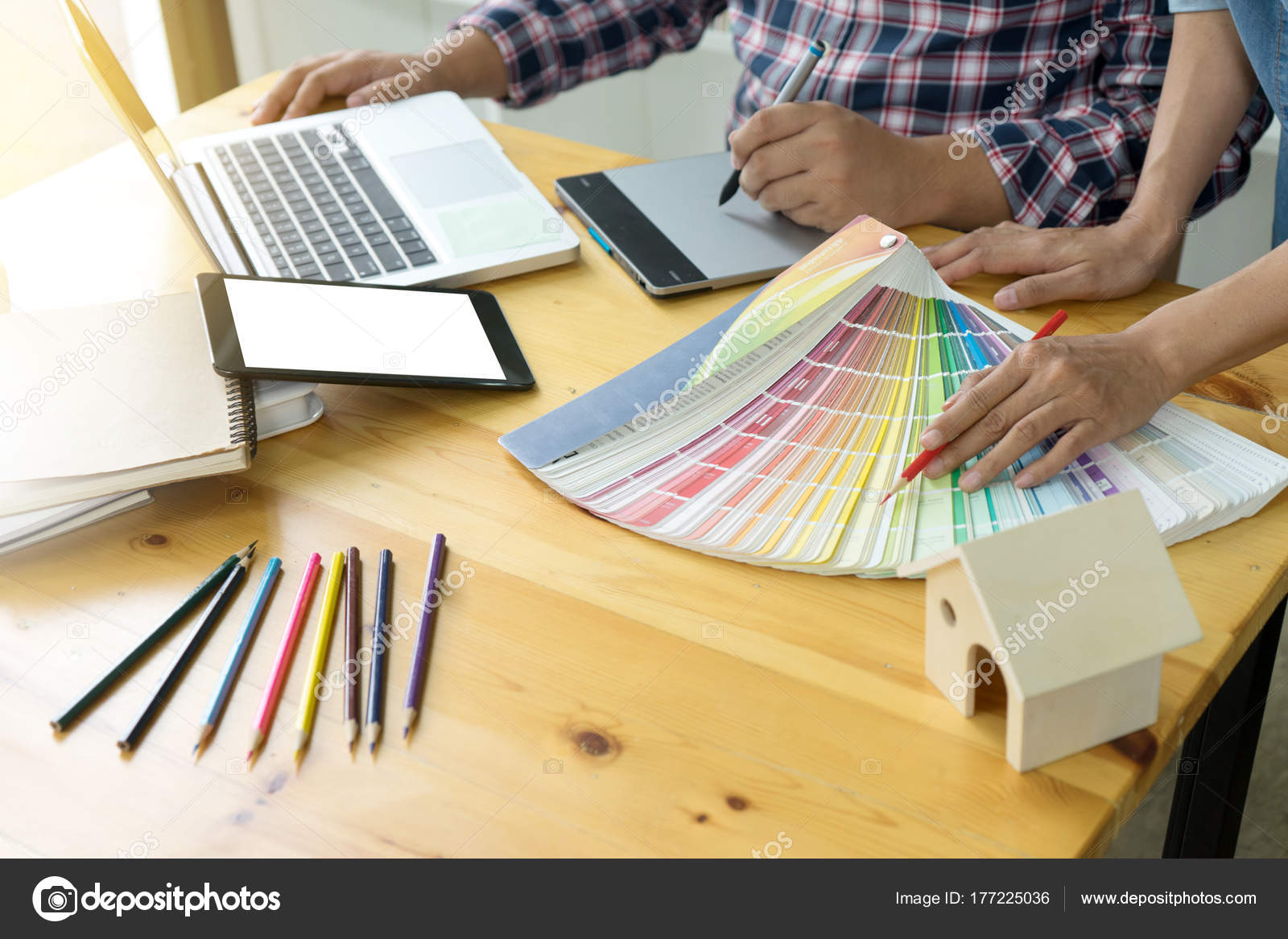 Team Work Graphic Design Working Wood Table Computer Tablet Electronic ...