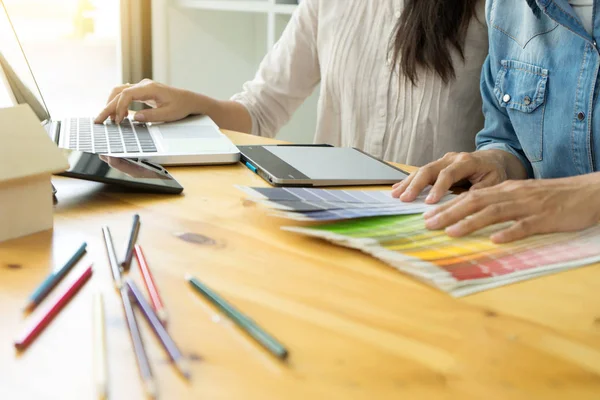 Team Work Graphic Design Working Wood Table Computer Tablet Electronic ...