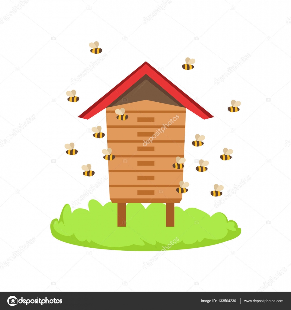 Bees Around Wooden Beehive Cartoon Farm Related Element On Patch Of ...