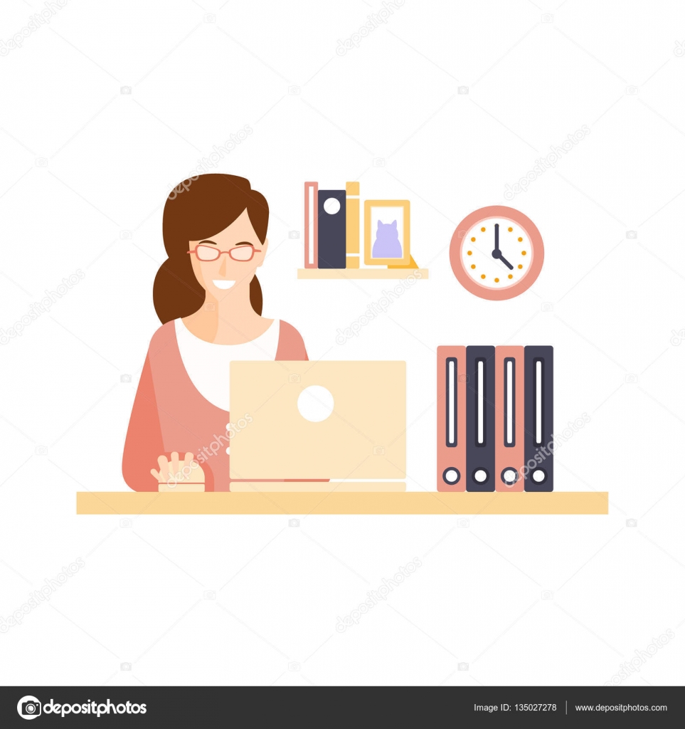 Happy Smiling Woman Office Worker In Office Cubicle Having Her Daily ...