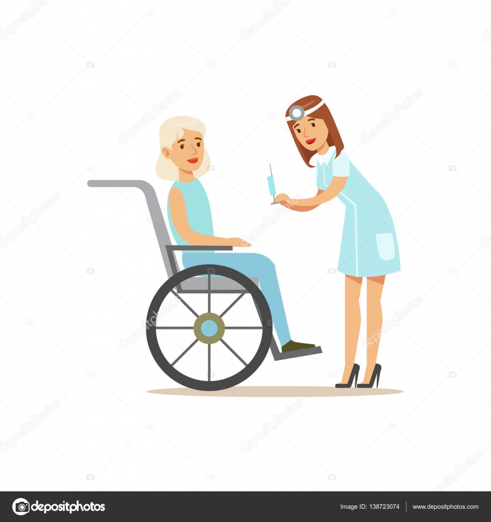 Nurse Preparing Injection For Old Lady In Wheelchair, Hospital And ...