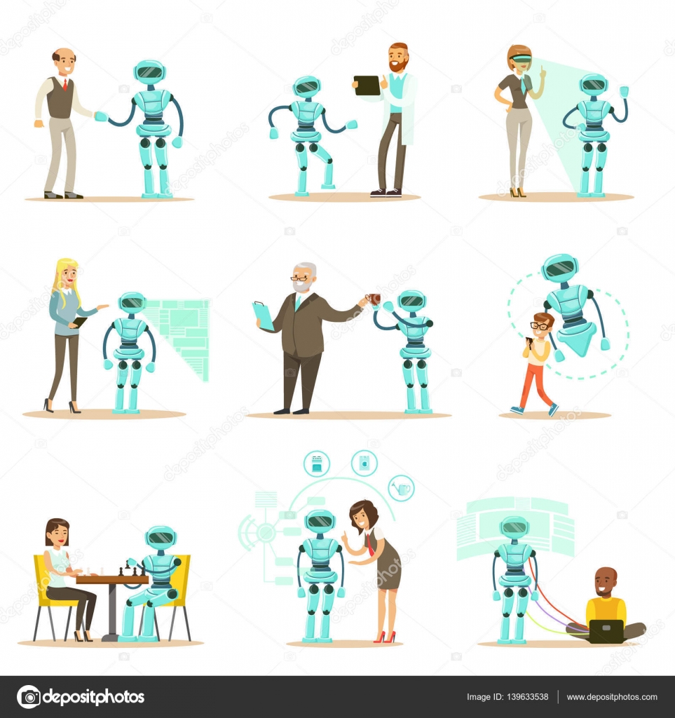 Smiling People And Robot Assistant, Set Of Characters And Service ...