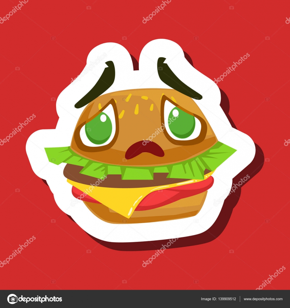 Disappointed And Sad Burger Sandwich, Cute Emoji Sticker On Red ...
