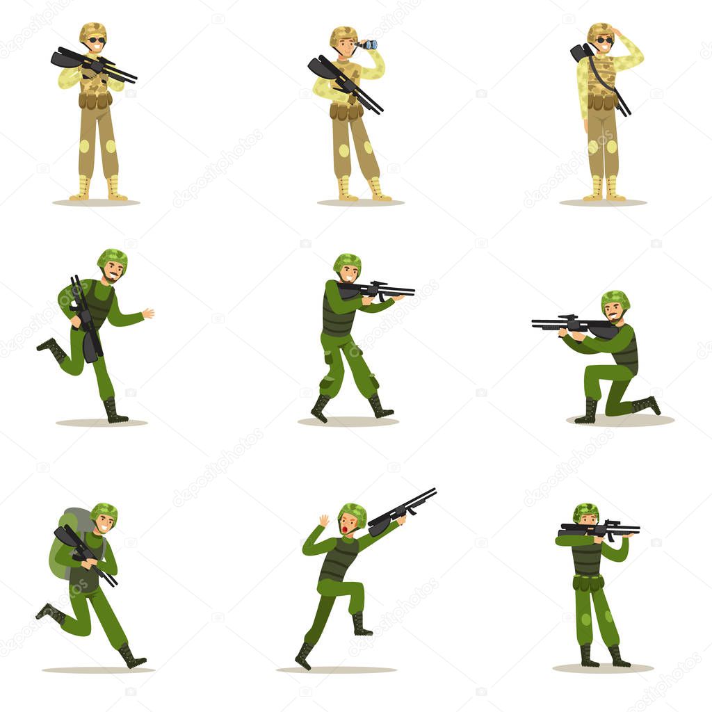 Soldados de infantería en uniforme caqui militar completo con armas ...