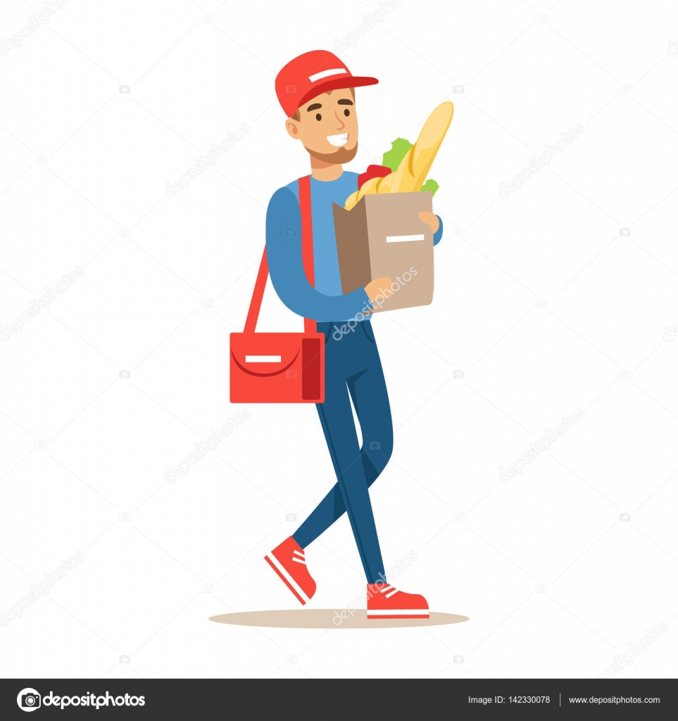 Delivery Service Worker Carrying Paper Bag With Supermarket Products ...