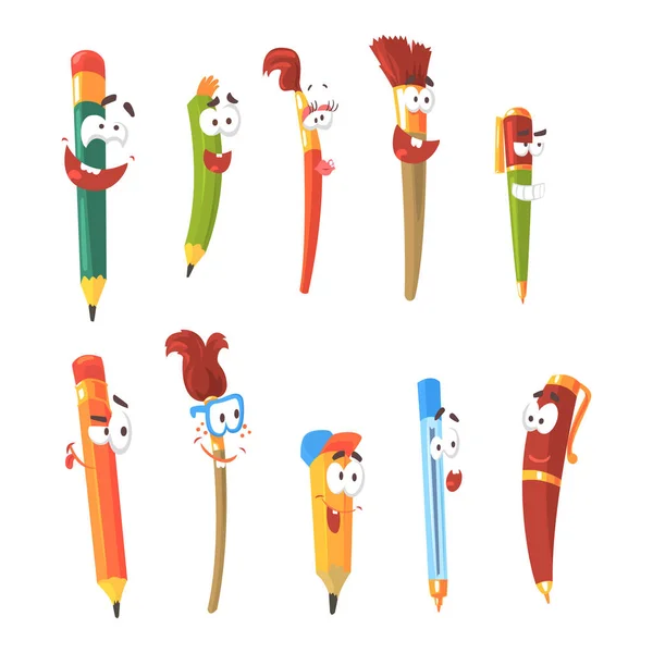 Smiling Pen, Pencils And Brushes, Set Of Animated Stationary Cartoon ...