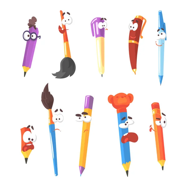 Smiling Pen, Pencils And Brushes, Set Of Animated Stationary Cartoon ...