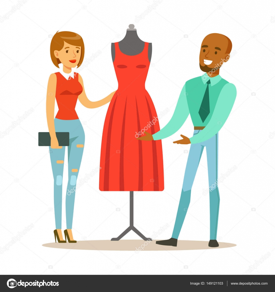 Designer Demonstrating Finished Red Dress To Client, Part Of People ...