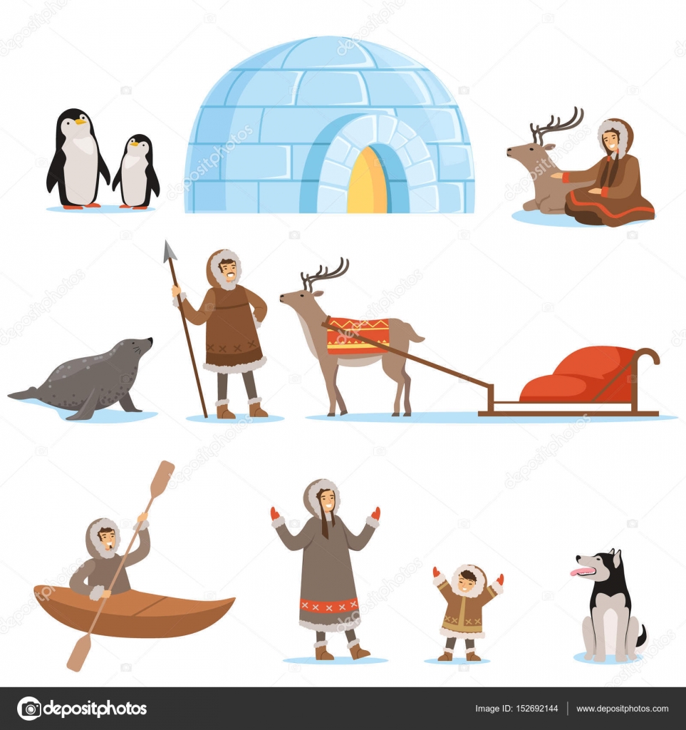 Eskimo characters in traditional clothing and their arctic animals ...