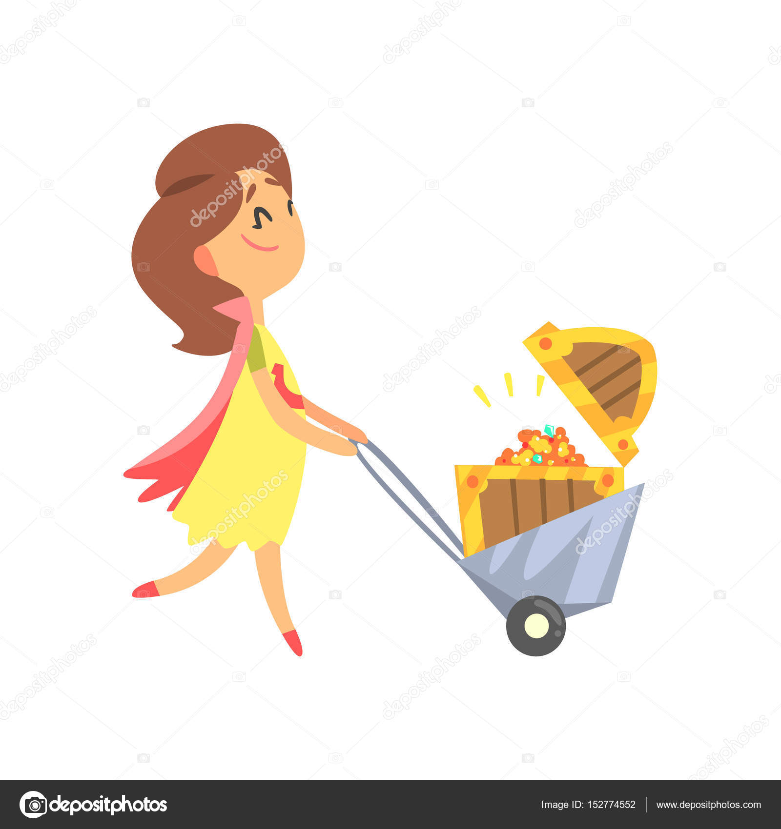 Cute cartoon woman pushing the cart with the treasure chest. Colorful ...