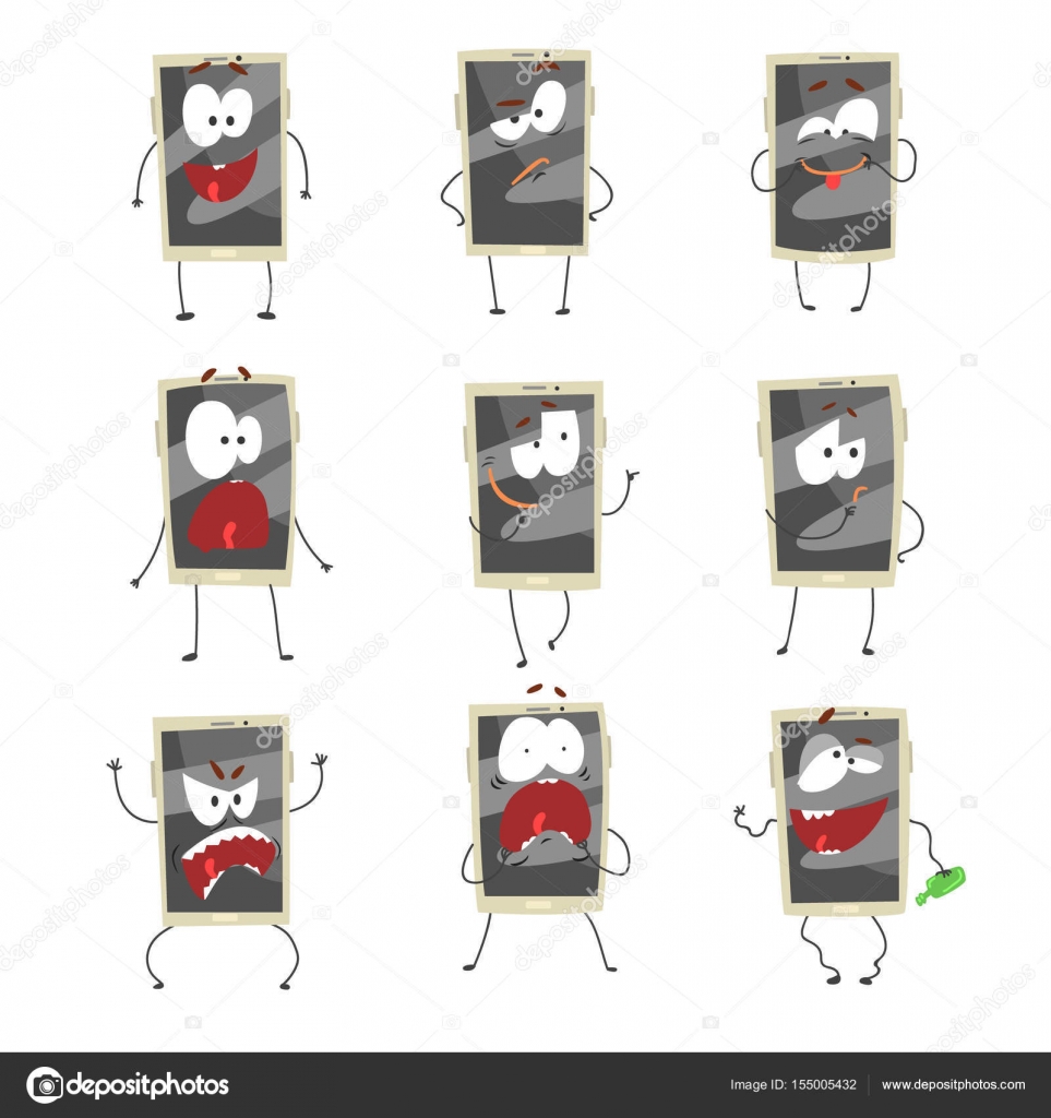 Cute cartoon emoticon phones with gray faces set. Smartphones with ...