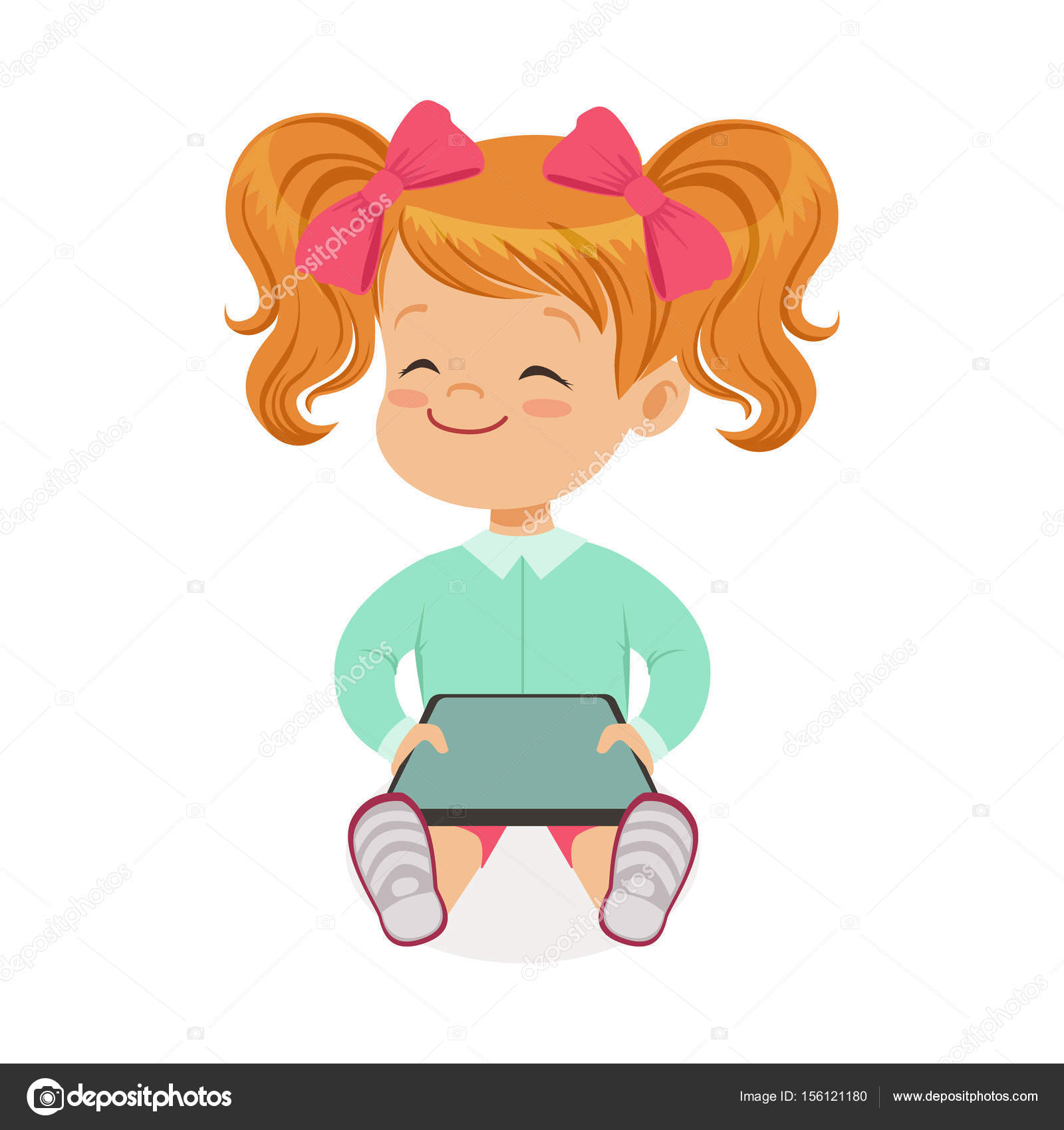Little girl sitting and playing with digital tablet. Child and modern ...