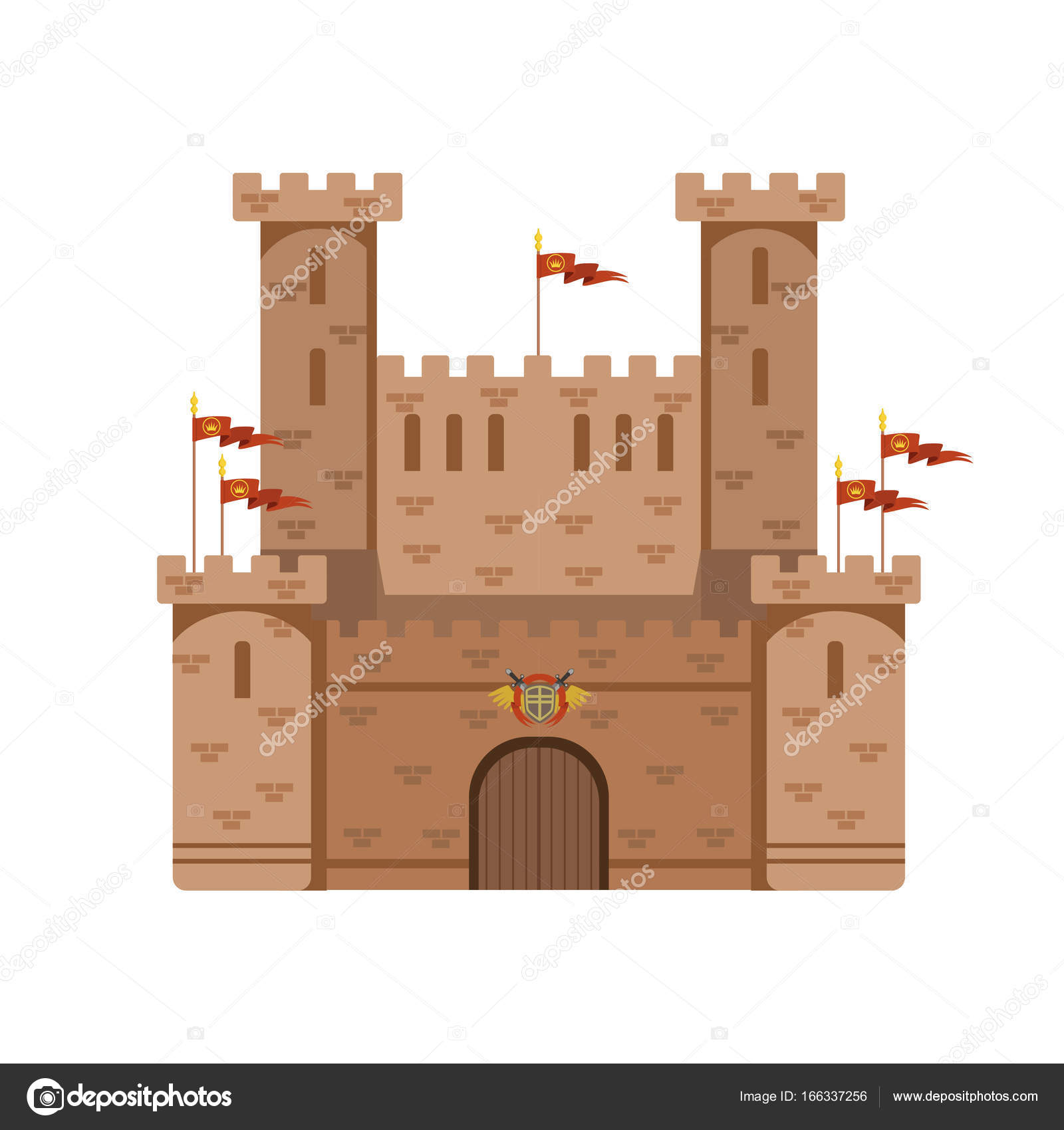 Ancient castle with red flags, medieval architecture building vector ...