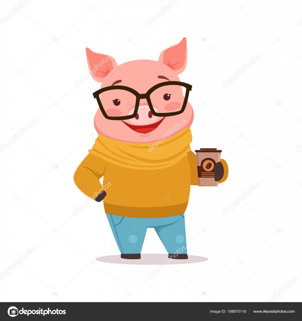 Lindo cerdo feliz vestido con suéter y jeans de pie con taza de café ...