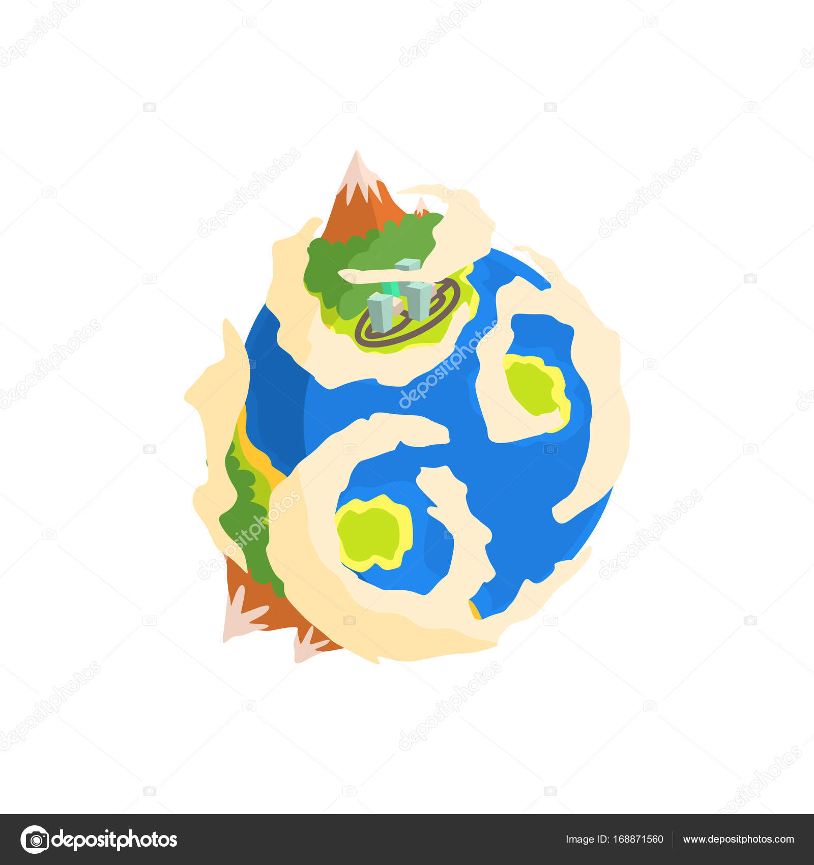 Earth planet with mountain and buildings cartoon vector Illustration ...