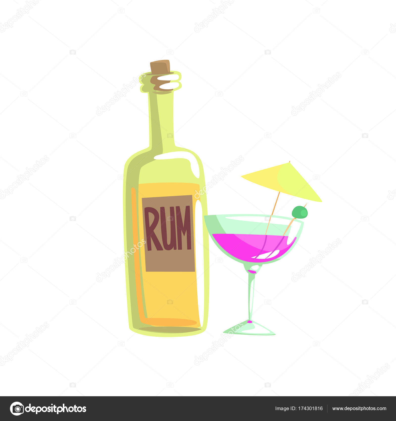 Rum bottle and cocktail glass with umbrella cartoon vector illustration ...