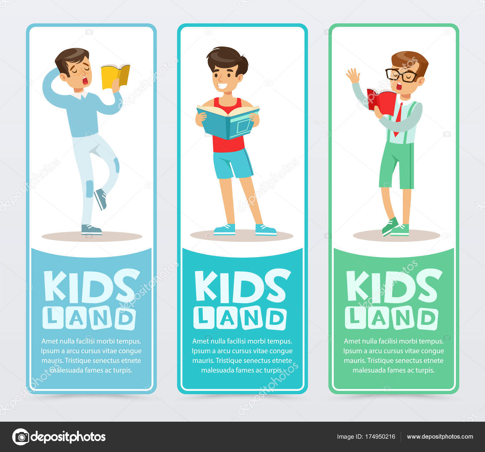 Set of vertical banners with teenagers reading books aloud. Young boys ...