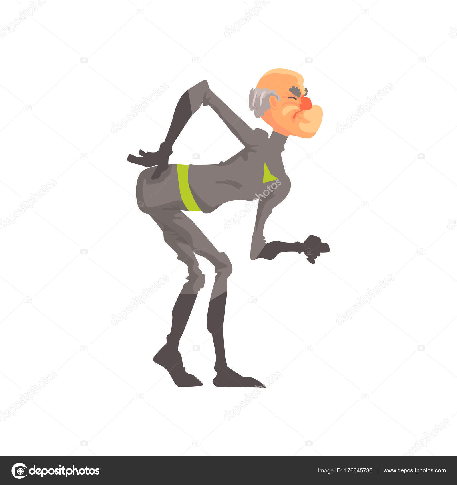 Full length portrait of elderly superhero suffering from back pain ...