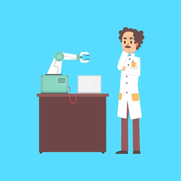 Male scientist and robotic arm conducting experiments in a modern ...