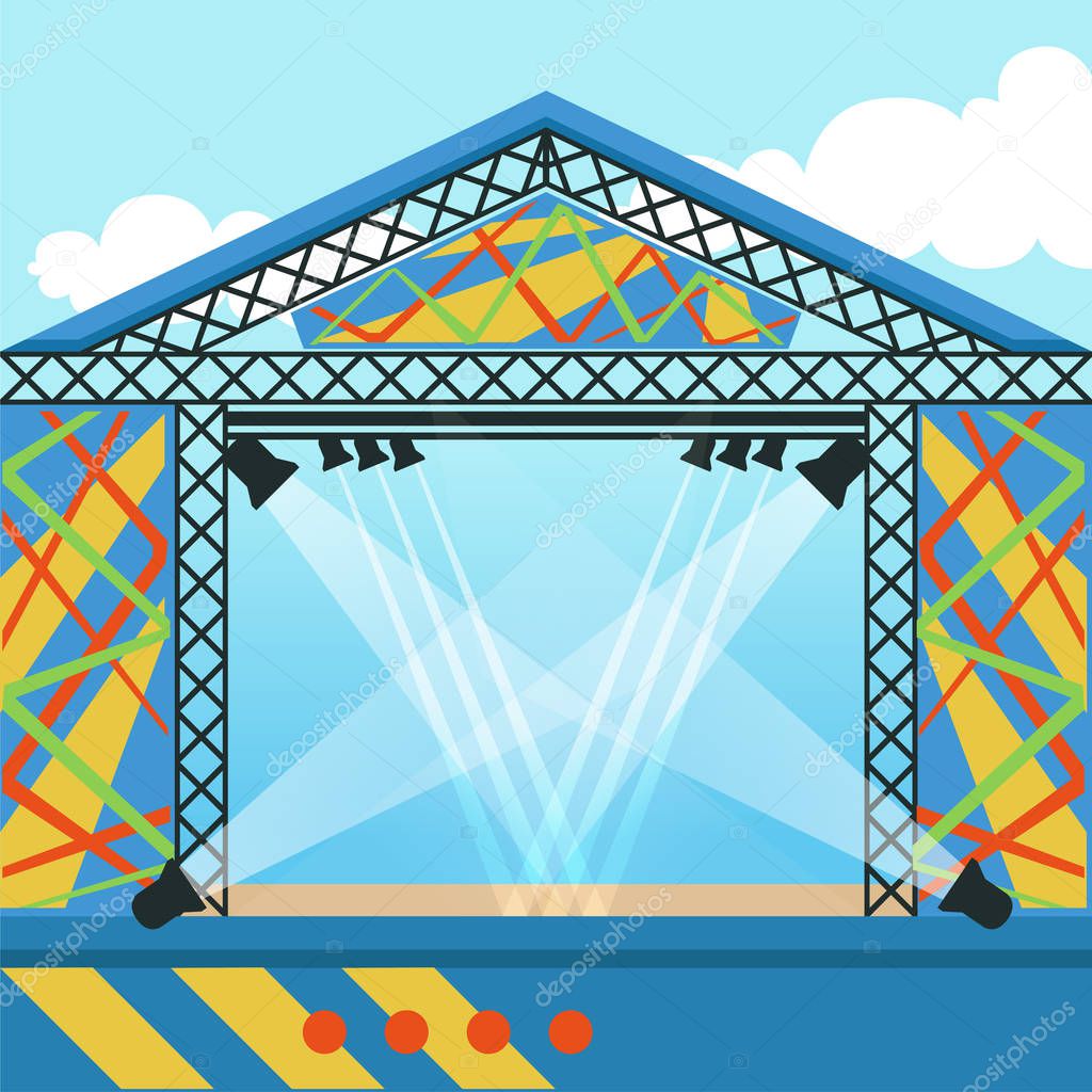 Stage for open air festival, music event or rock concert. Scene ...