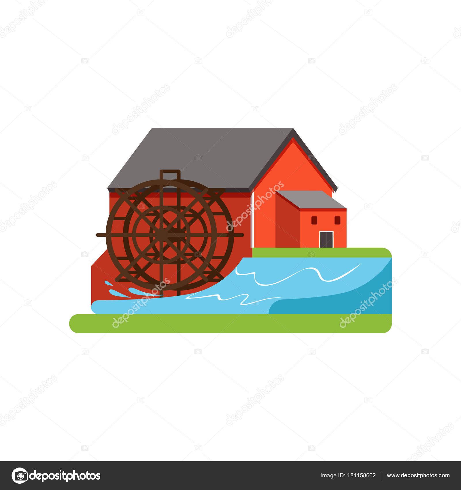 Old water mill, farm building, countryside life object vector ...