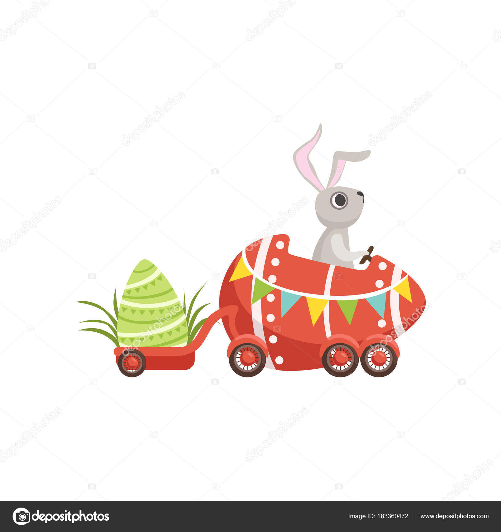 Cute little bunny driving Easter red car egg, funny rabbit character ...