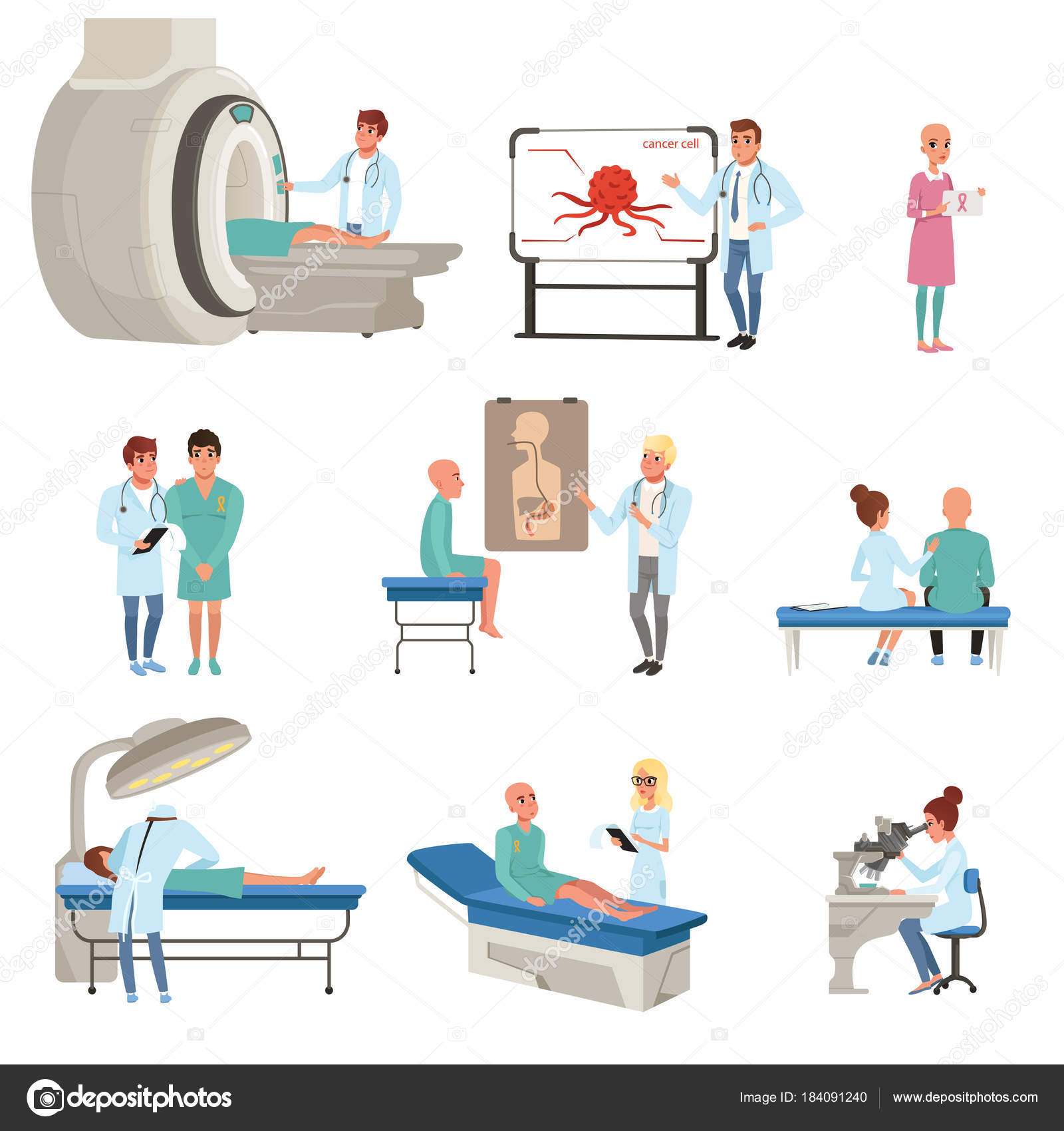 Medical diagnostic and treatment of cancer set, doctors, patients and ...