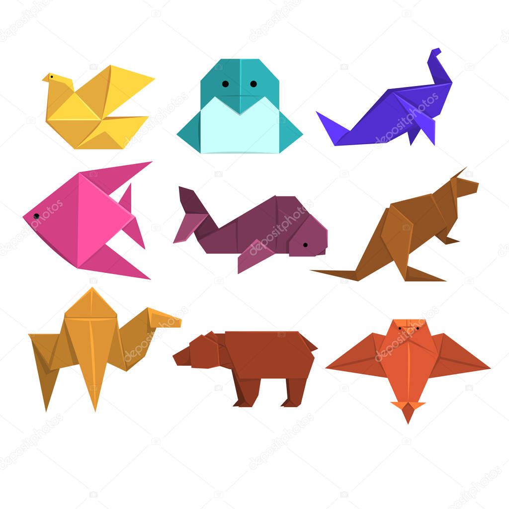 Animals origami set, animals and birds made of paper in origami ...