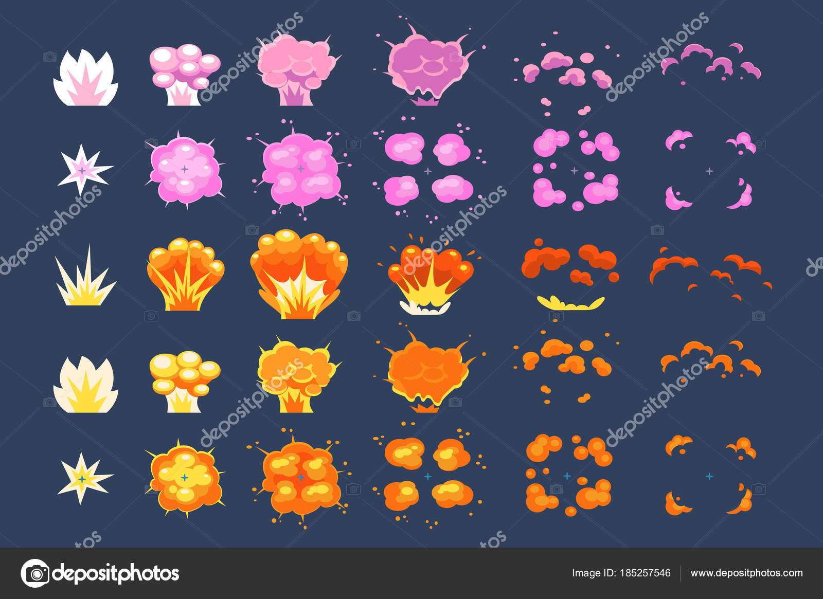 Cartoon explosions effect with smoke sett, fire explosion effect ...