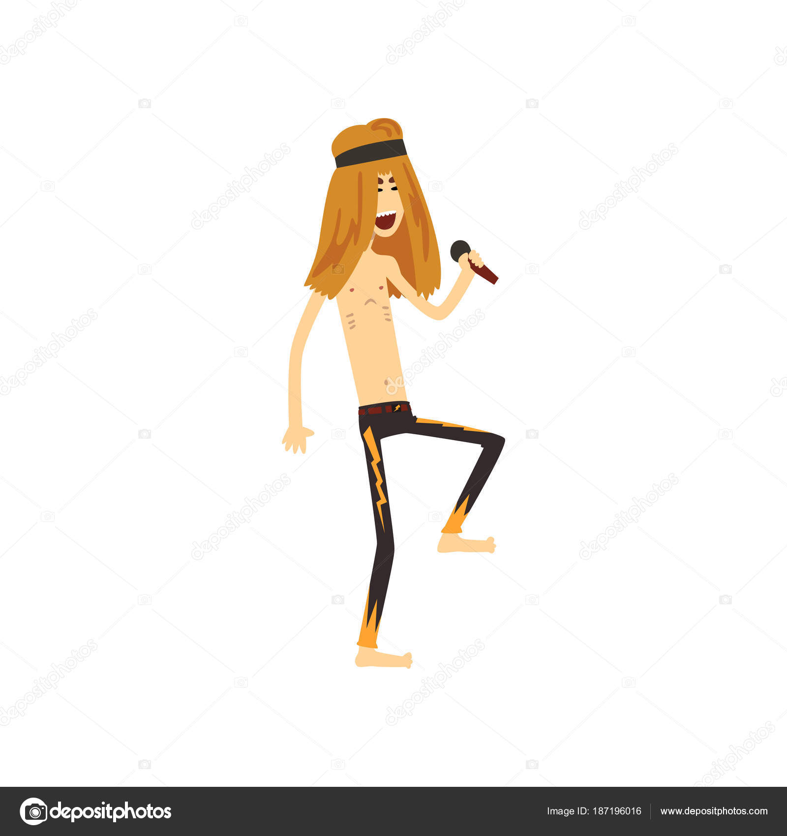Funny rocker with long hair singing into microphone. Leader singer of ...