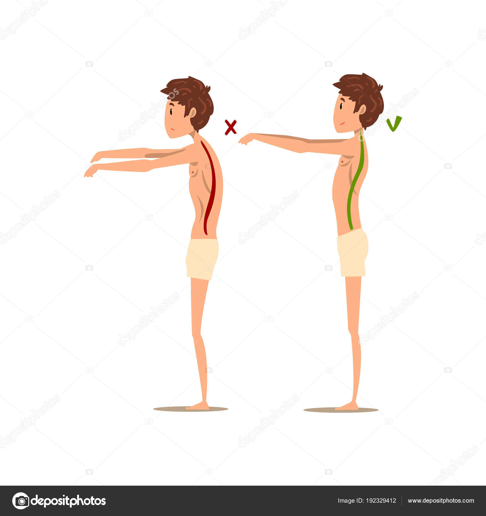 Correct and wrong spine posture, side view vector Illustration on a ...