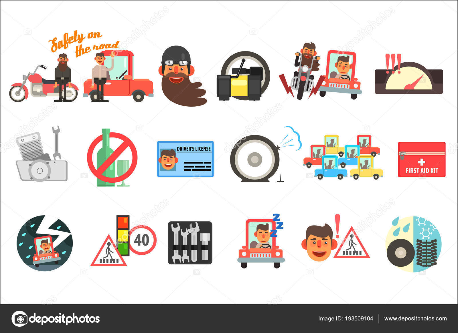 Flat vector set of cartoon items related to safety on road. Traffic ...
