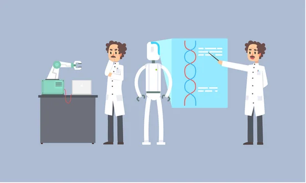 Male scientist and robotic arm conducting experiments in a modern ...