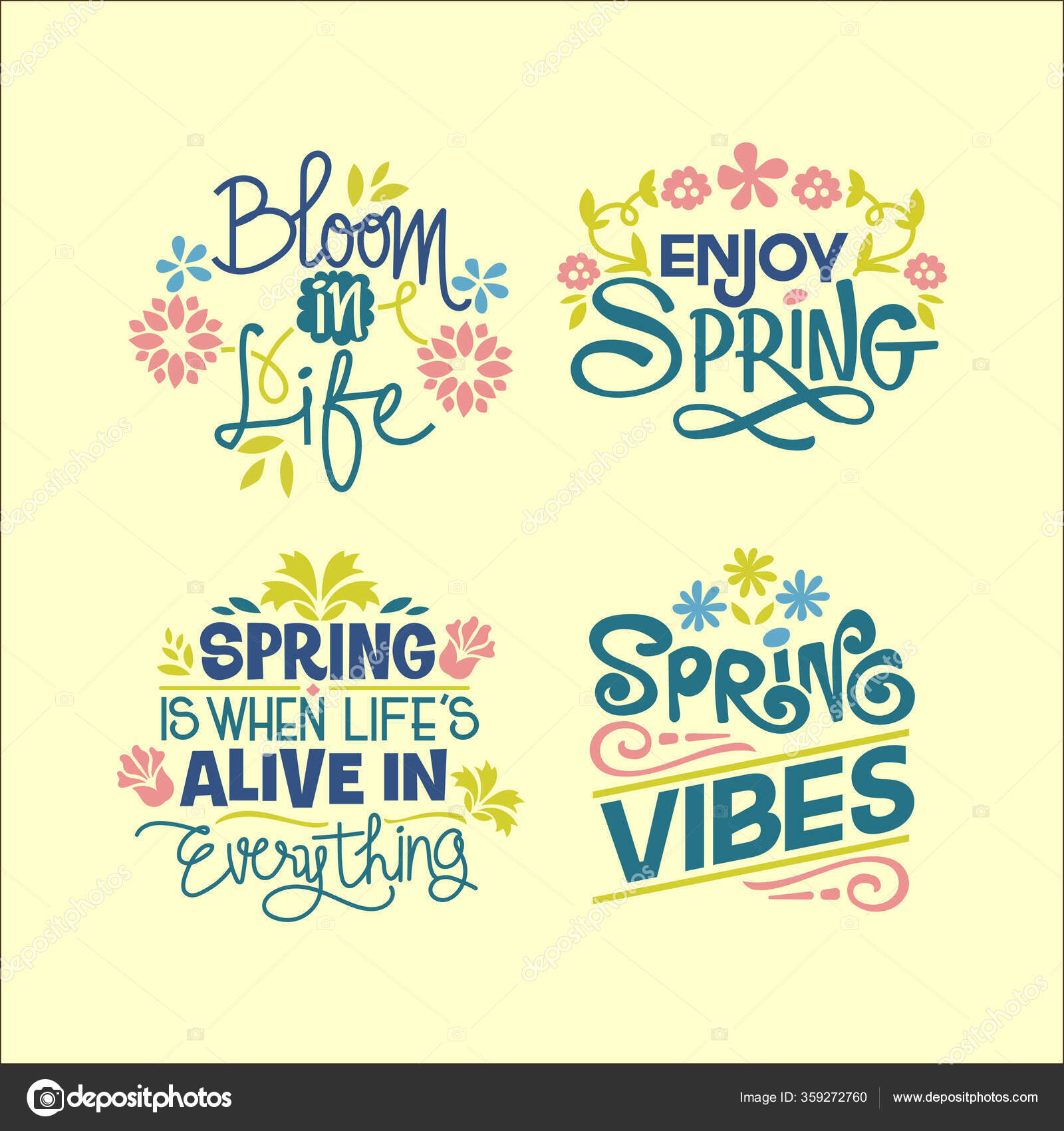 Set Springtime Phrase Quote Vector Illustration Handwriting Flowers ...