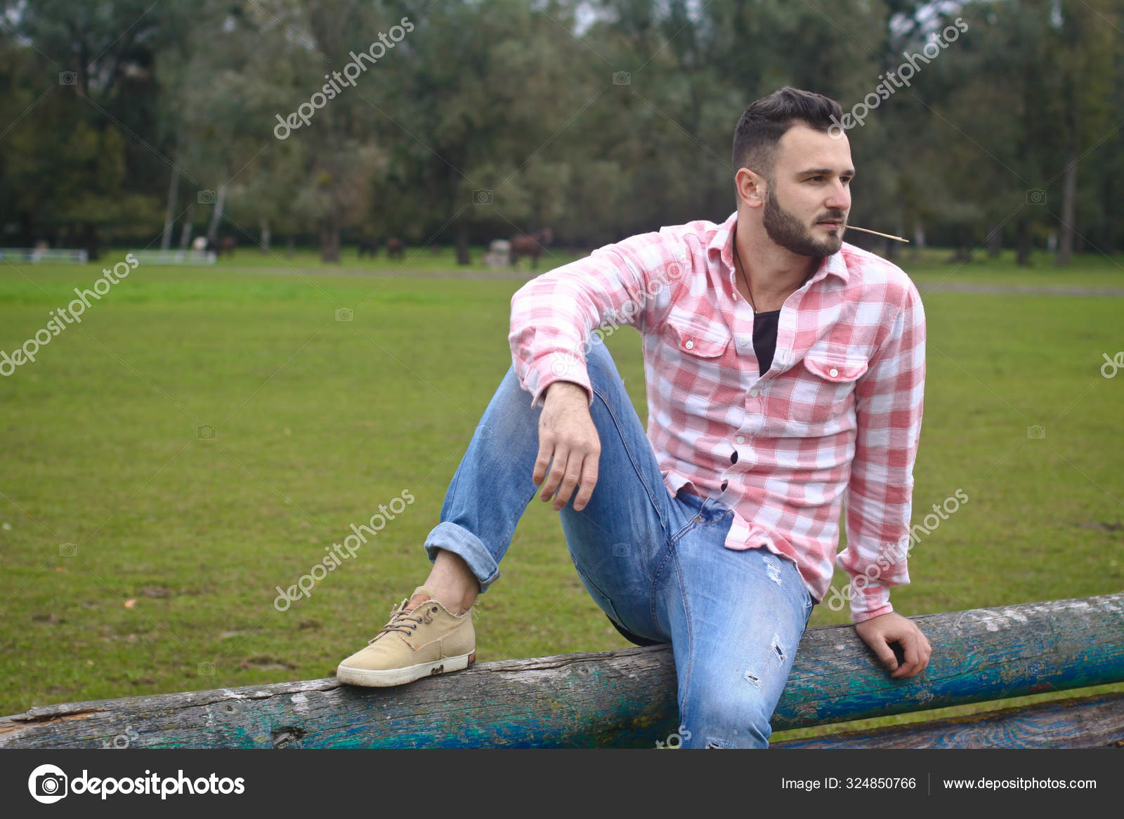 Young handsome guy Cowboy. male farmer is sitting on his fence on his ...