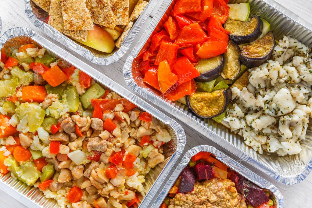 Healthy food take away, top view at wood background — Stock Photo ...