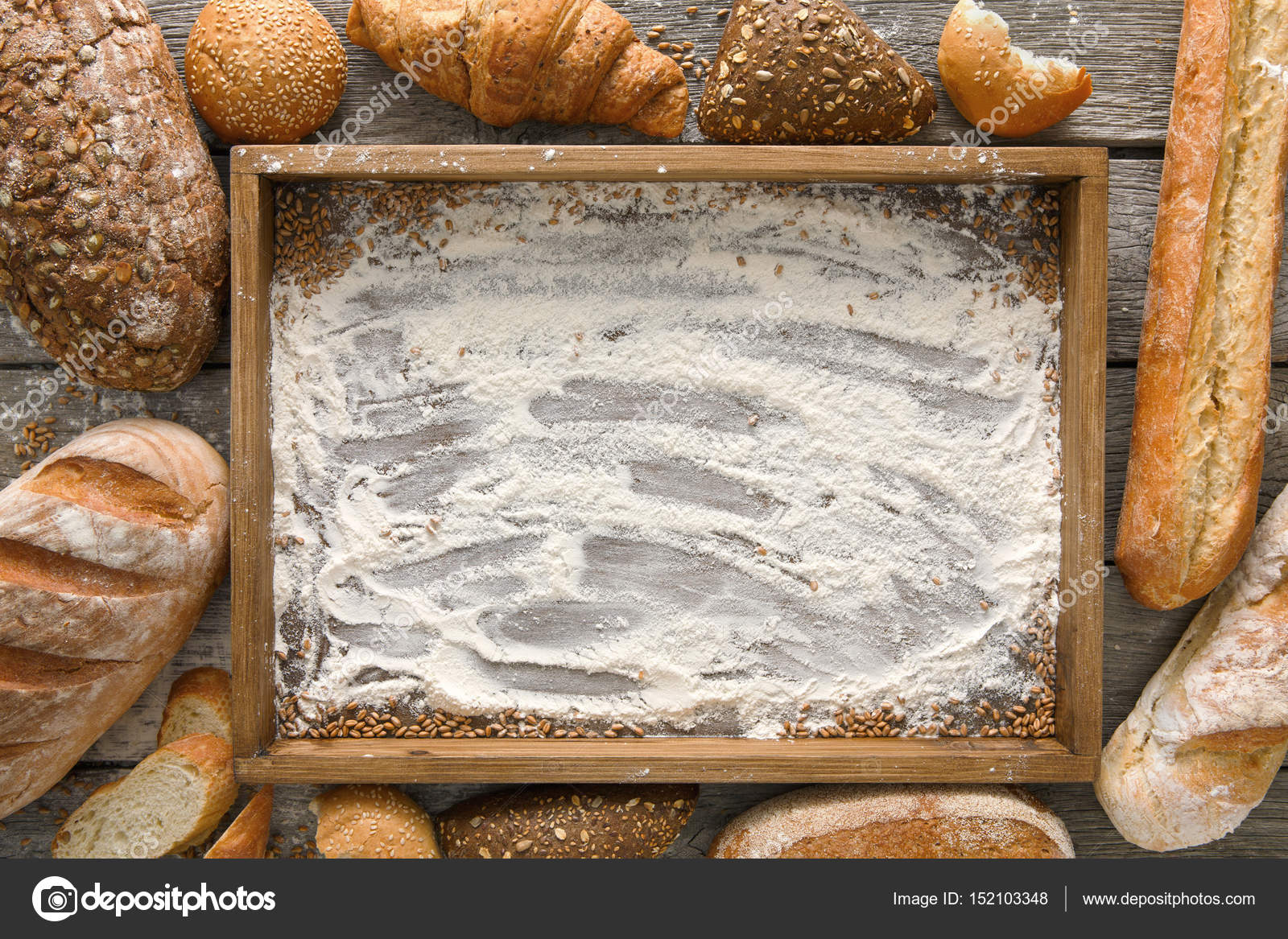 Bread bakery background. Brown and white wheat grain loaves comp Stock ...