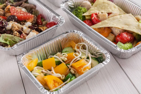 Healthy food take away, top view at wood background Stock Photo by ...