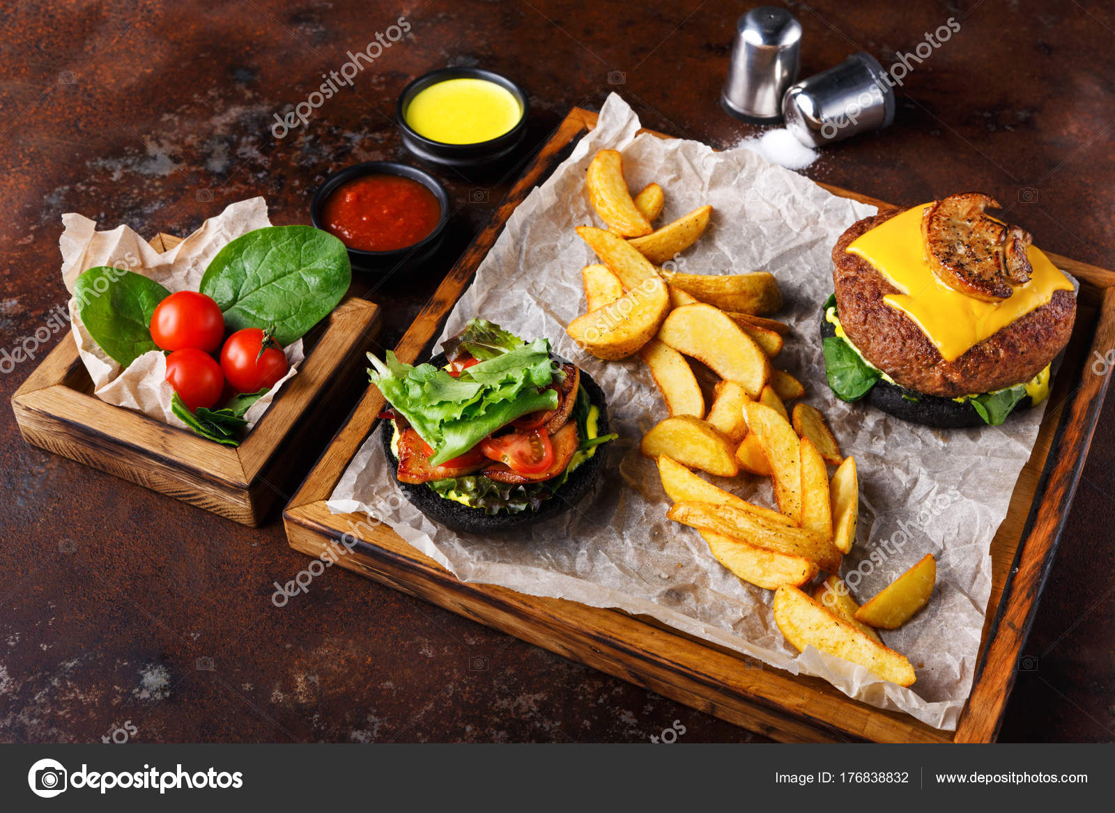 Take away burger menu on wooden tray top view Stock Photo by ©Milkos ...
