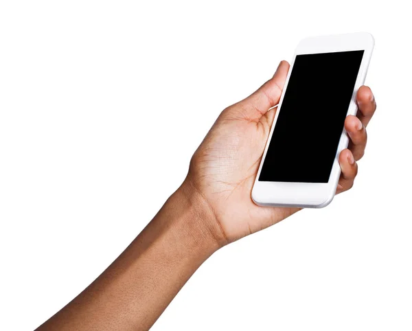 Black mans hand holding mobile phone with blank screen — Stock Photo ...