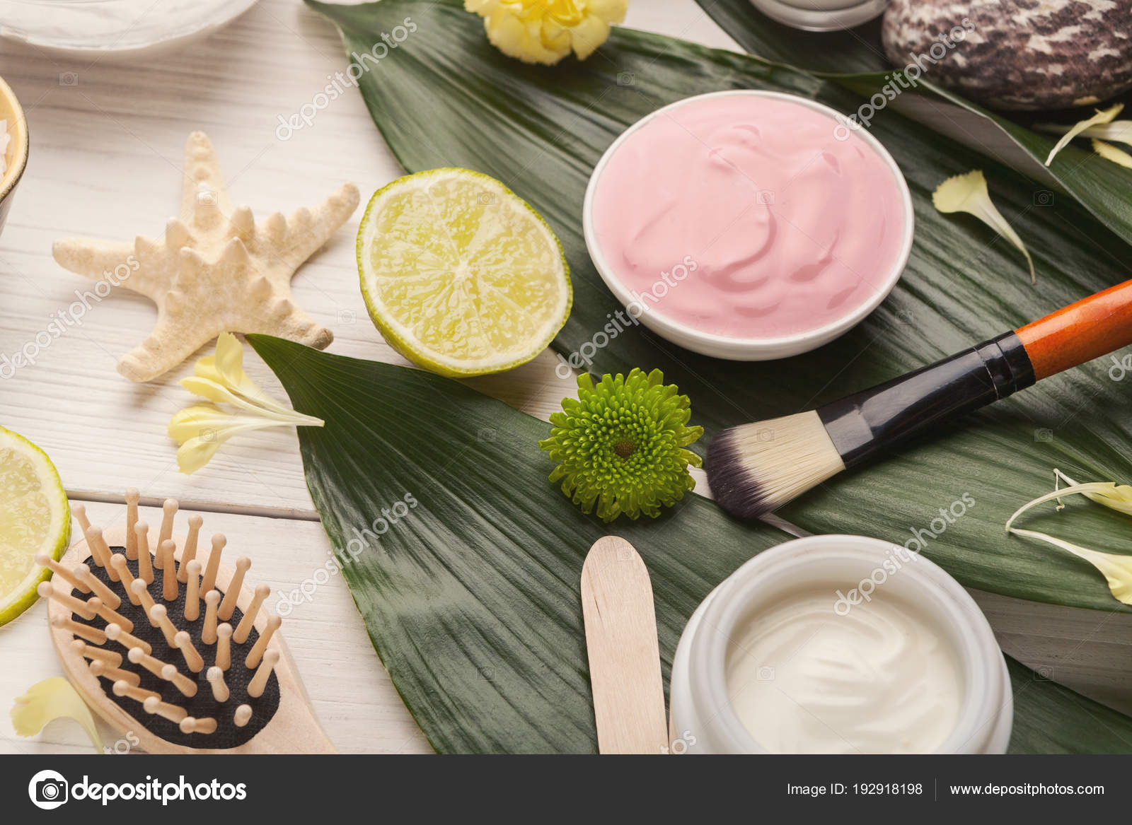 Spa background with facial mask and cream on white wood Stock Photo by ...