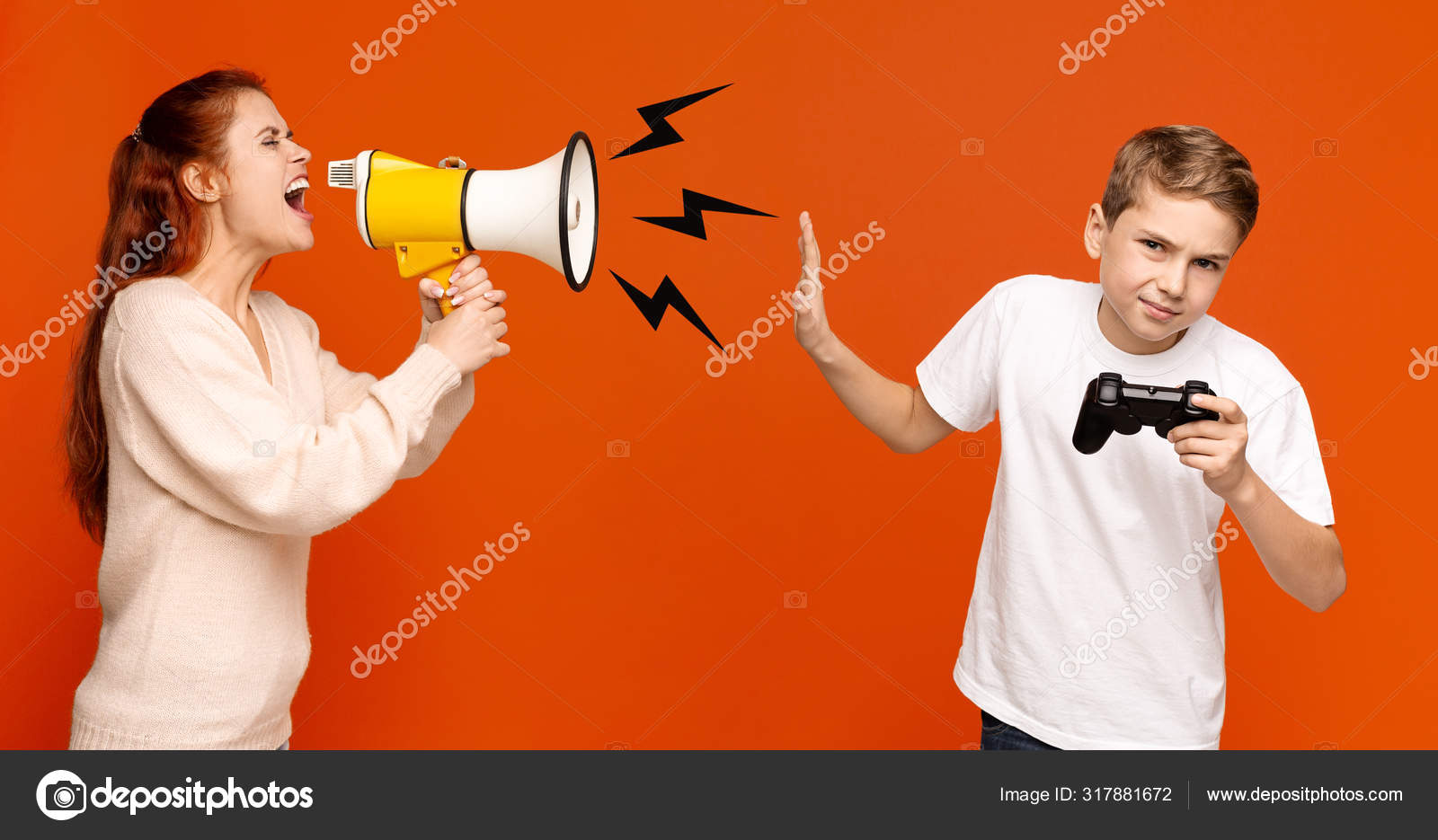 Angry mom with megaphone shouting loudly at her teen son with joystick ...