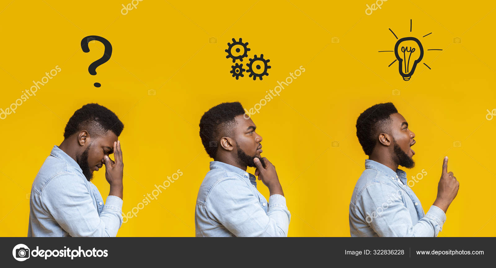 Solution of problem. Black man thinking and finding successful idea ...