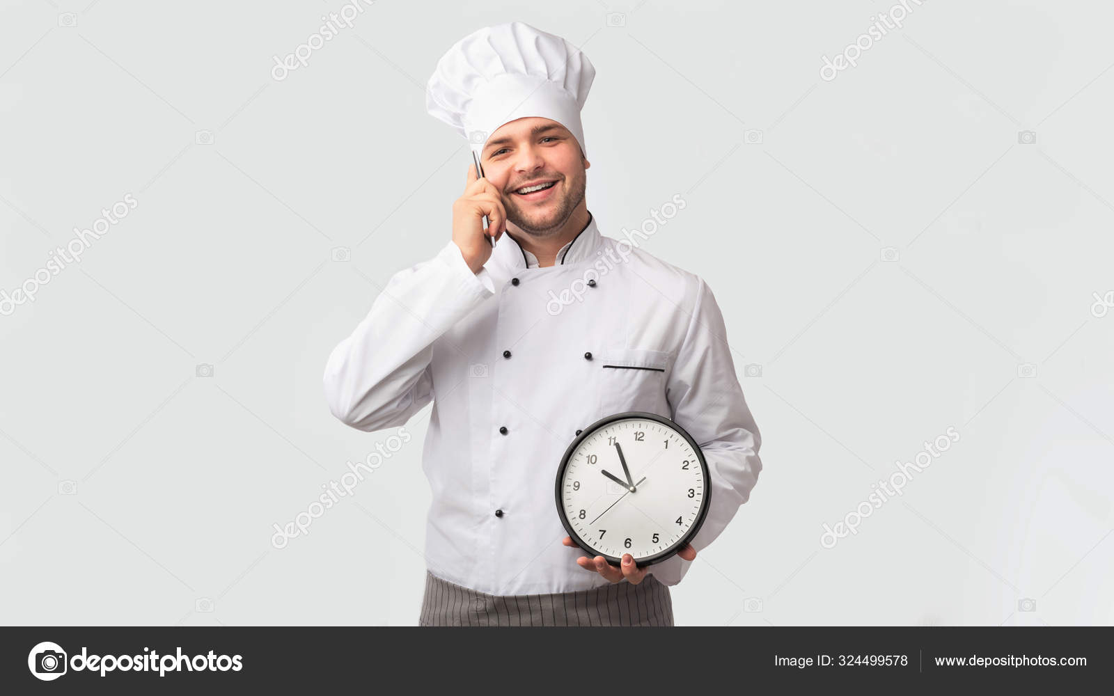 Chef Man Talking On Phone Holding Clock On White Background — Stock ...