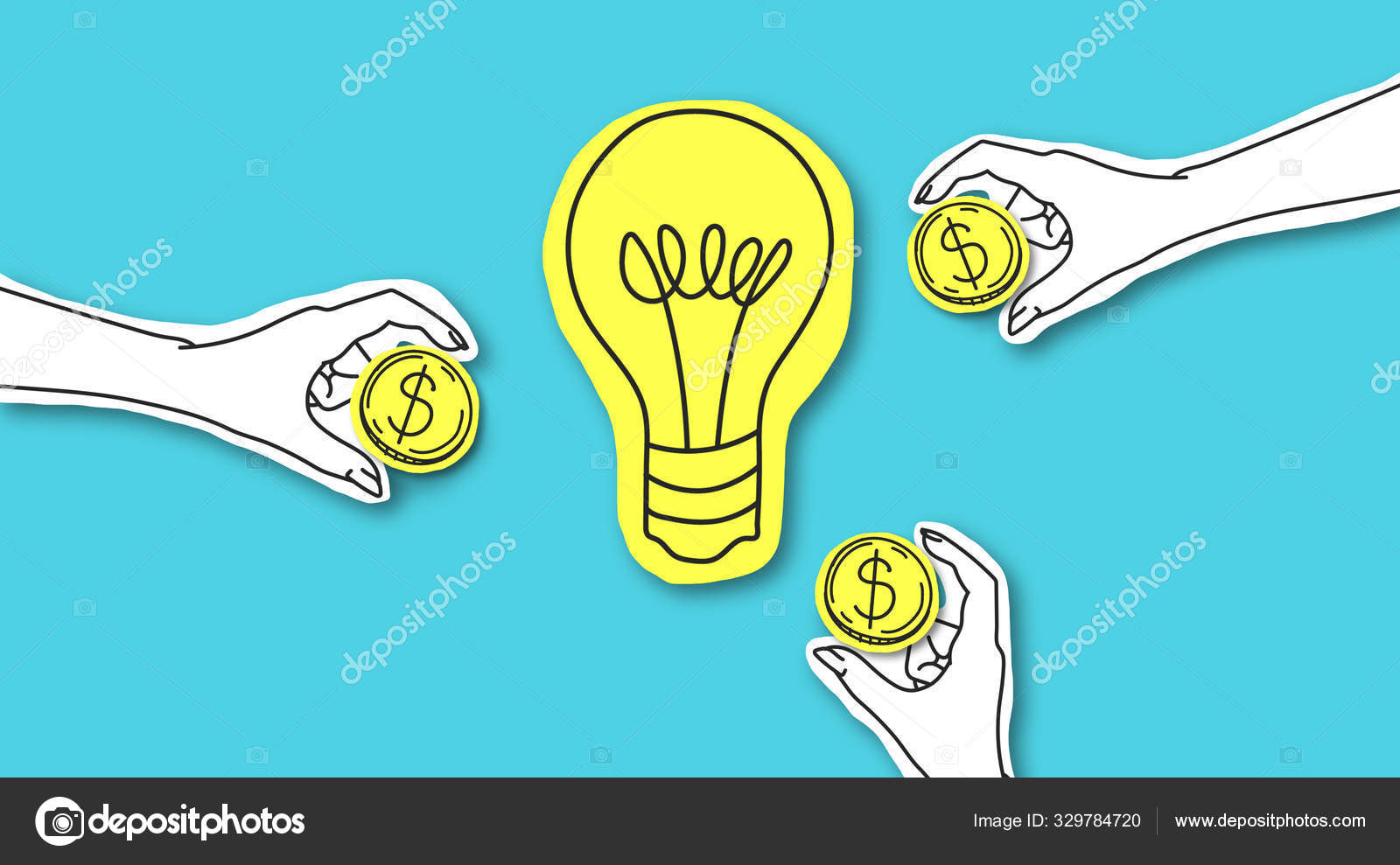Hands with dollar sign coins around yellow light bulb Stock Photo by ...