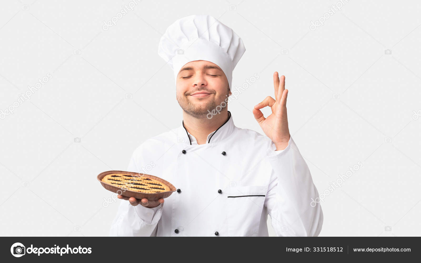Cheerful Chef Man Showing Pie Standing Over White Studio Background ...