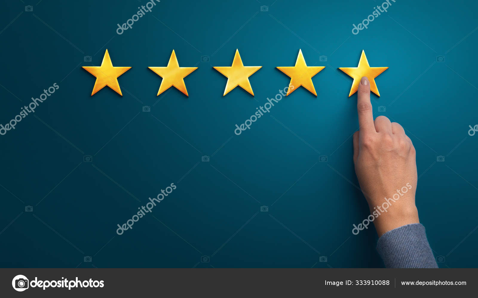 Hand of client giving a five star rating on blue background — Stock ...