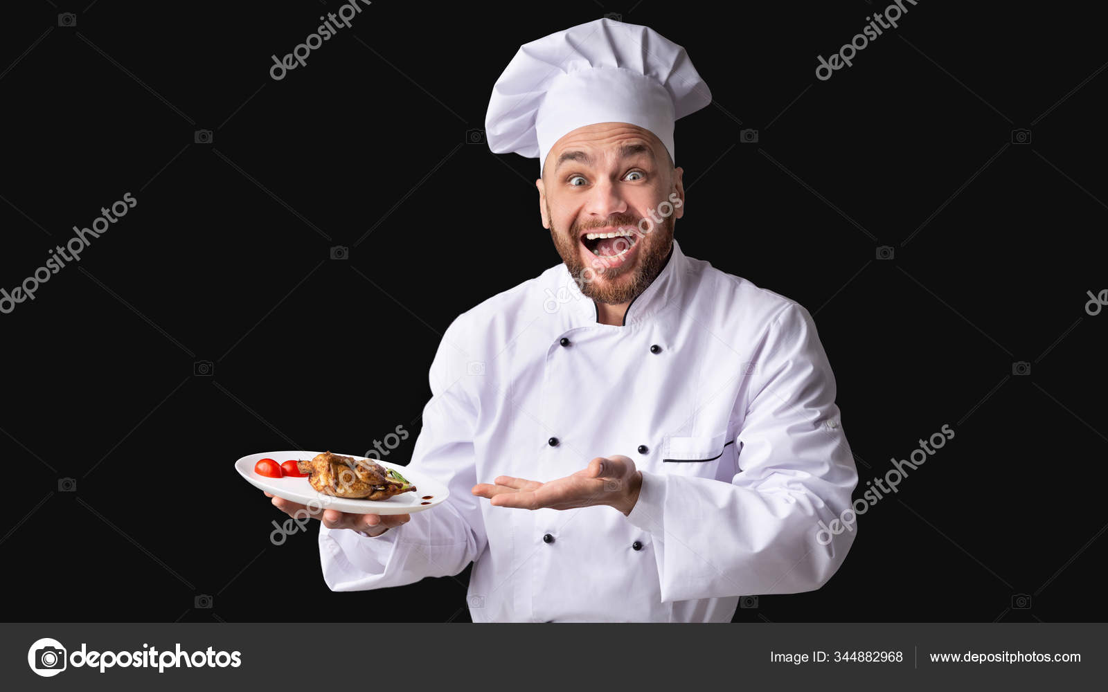 Cook Serving Chicken Dish Showing Plate On Black Background, Panorama ...
