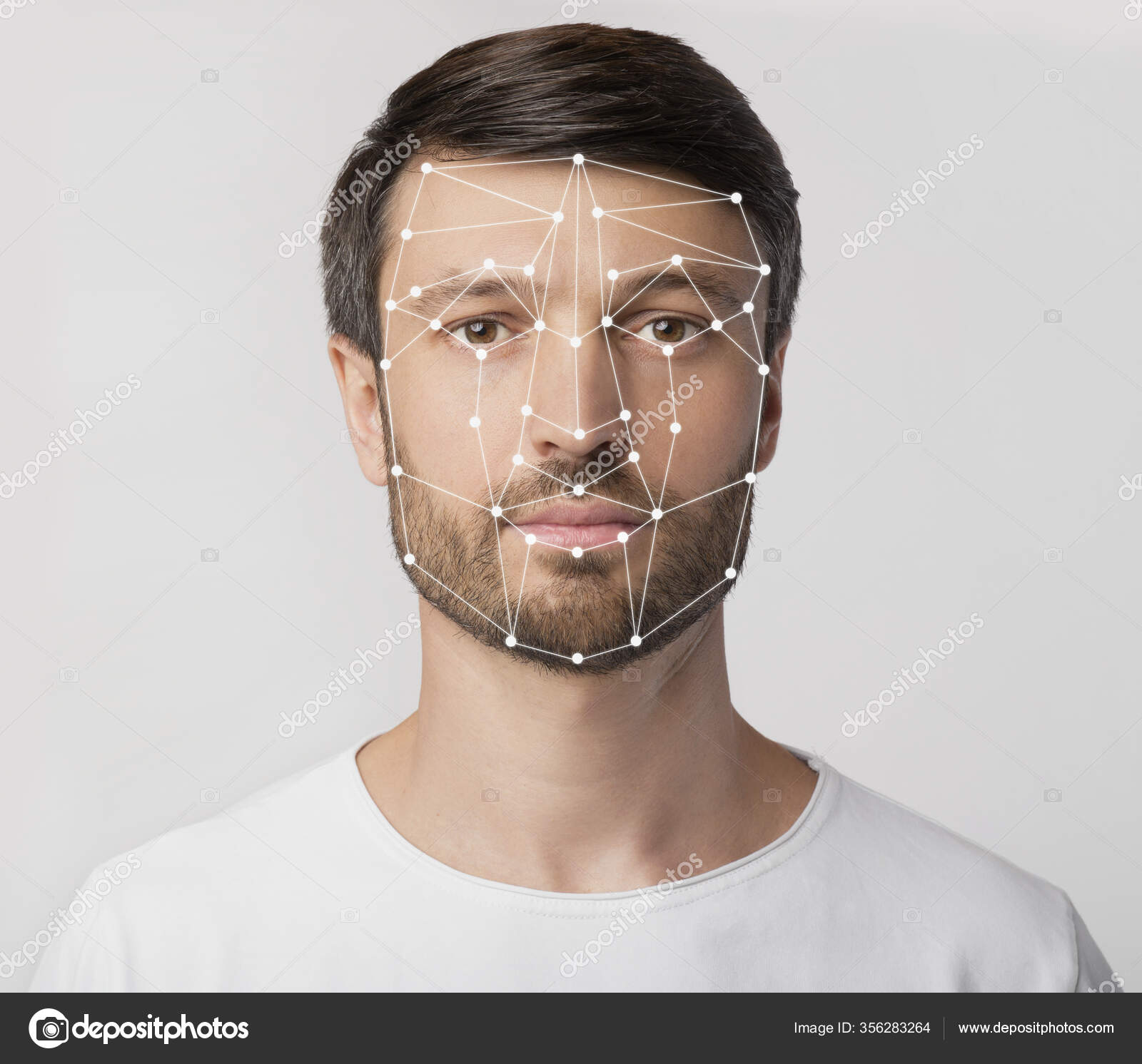 Personal safety. Caucasian man with face scanning grid on light ...