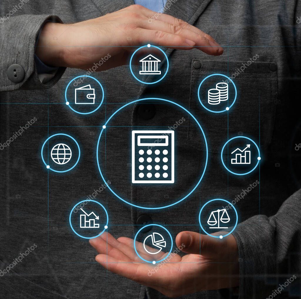 Collage con manos de hombre sosteniendo símbolos de la economía 2022